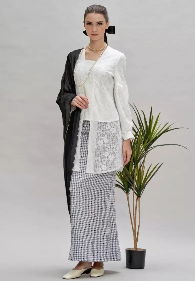 Buy Loveaisyah White Long Lace Kebaya & Checkered Embroidery Maxi Skirt ...
