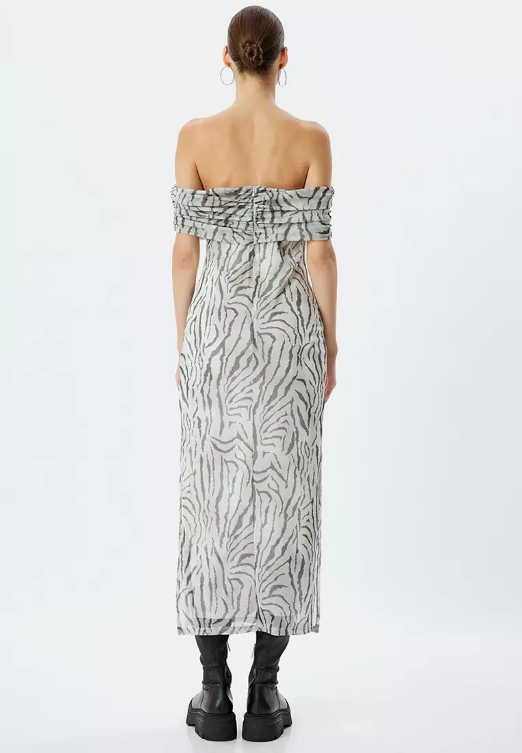 Buy KOTON Long Tulle Dress Madonna Neck Off the Shoulder Zebra Print ...