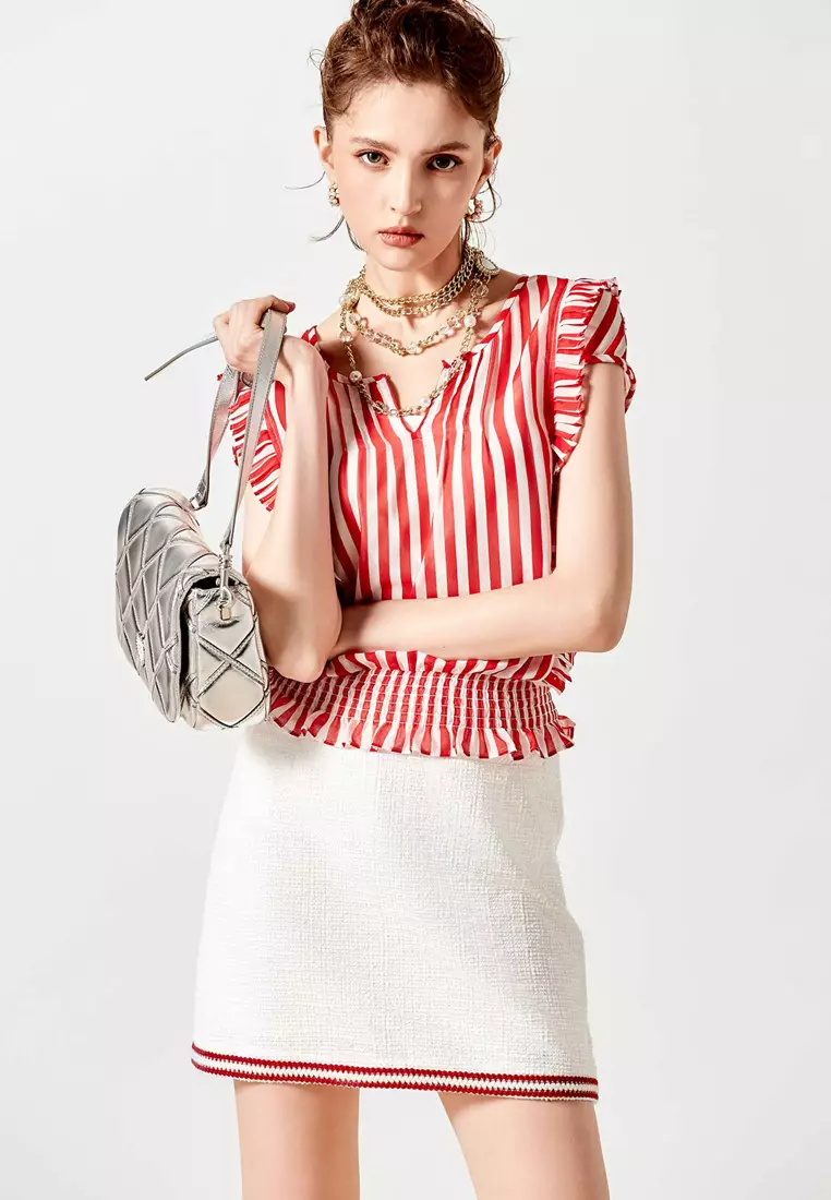 Buy iROO Red White Stripe Pleated Ruffle Top 2025 Online | ZALORA