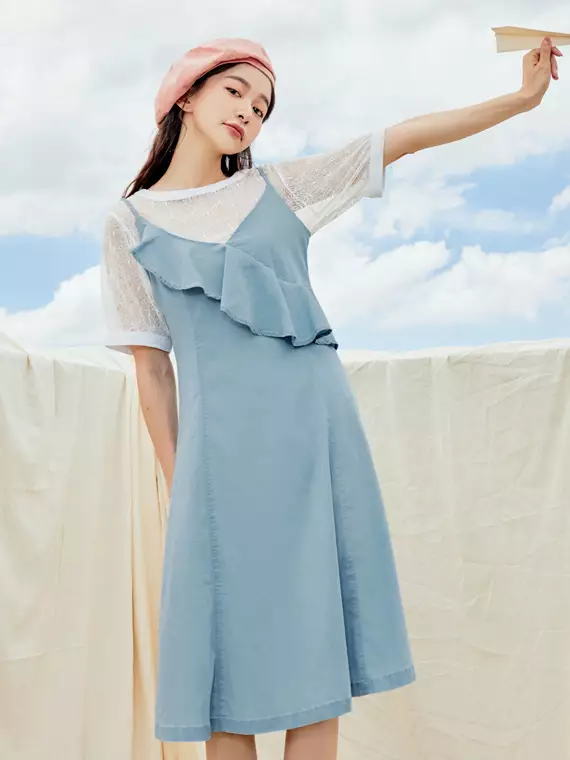 Buy OBSTYLE Cool Sensation. Silk Denim Lotus Leaf Cinched Waist Denim ...