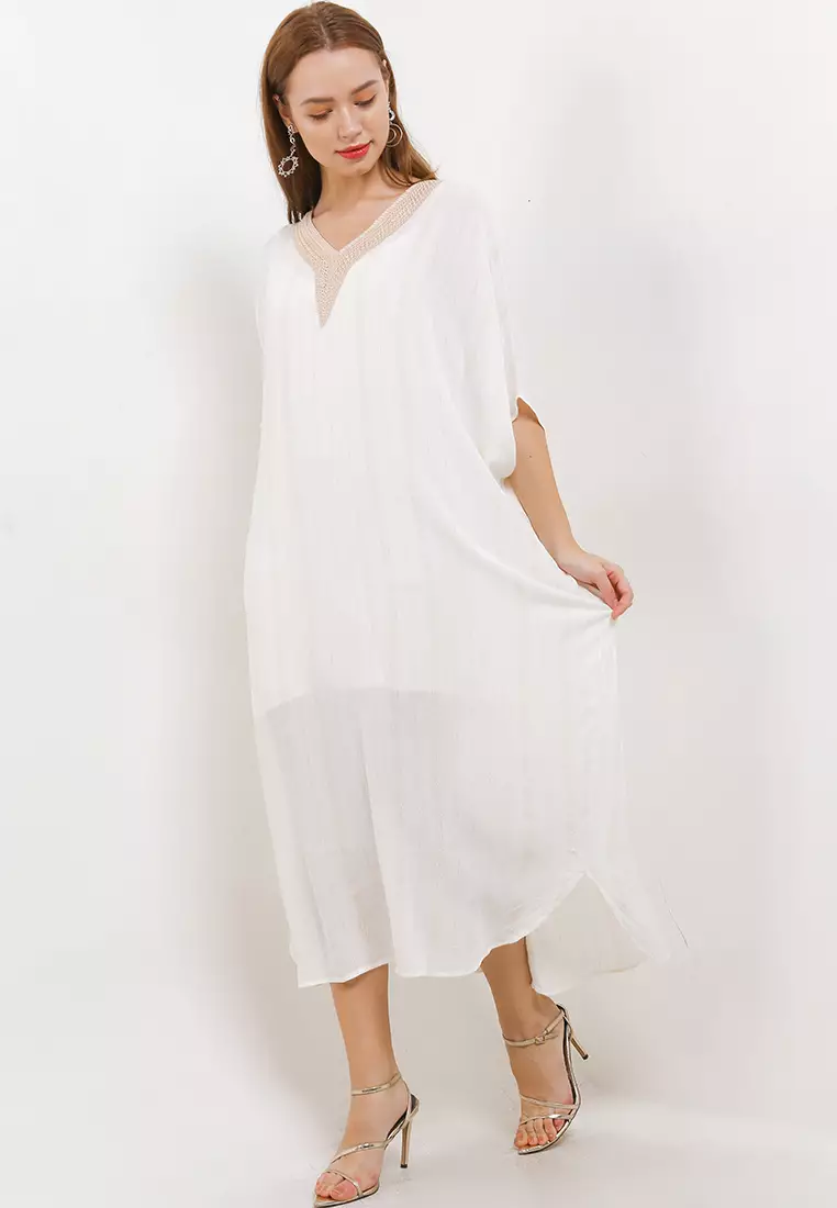 Jual Chic Simple V Neck Lace Gold Stripes Crinkle Cotton Kaftan ...