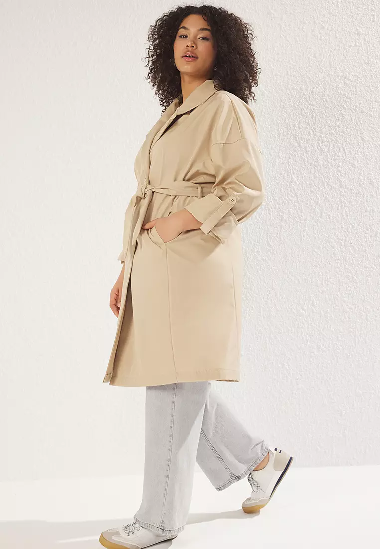 Buy Trendyol Beige Long Oversize Large Size Trench Coat Tbbss25Bm00001 ...
