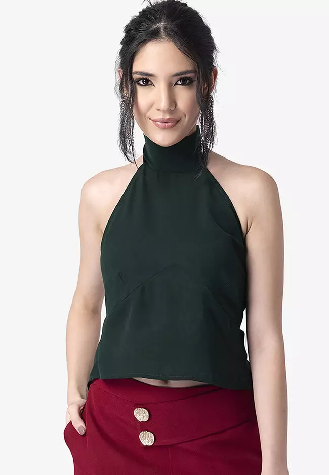 Buy FabAlley Bottle Green Halter Open Back Crop Top 2025 Online | ZALORA