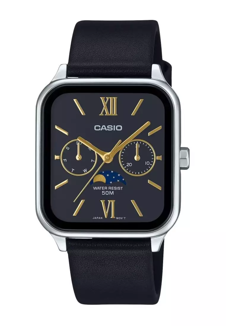Buy Casio Casio General Analog Black Dial Moon Phase Black Leather ...