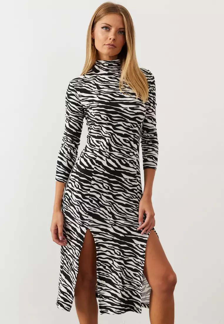 Buy Cool & Sexy Black-White Double Slit Zebra Pattern Dress 2024 Online ...