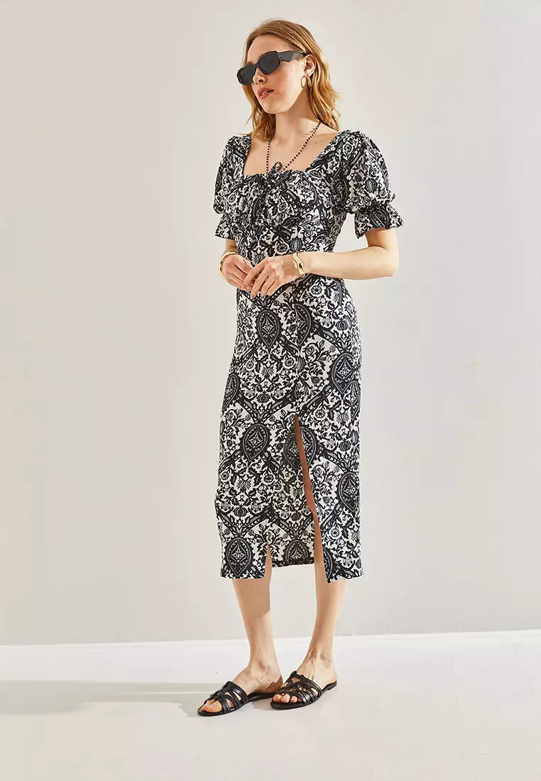 Buy Bianco Lucci Women's Square Neck Tie Front And Slit Dress With ...