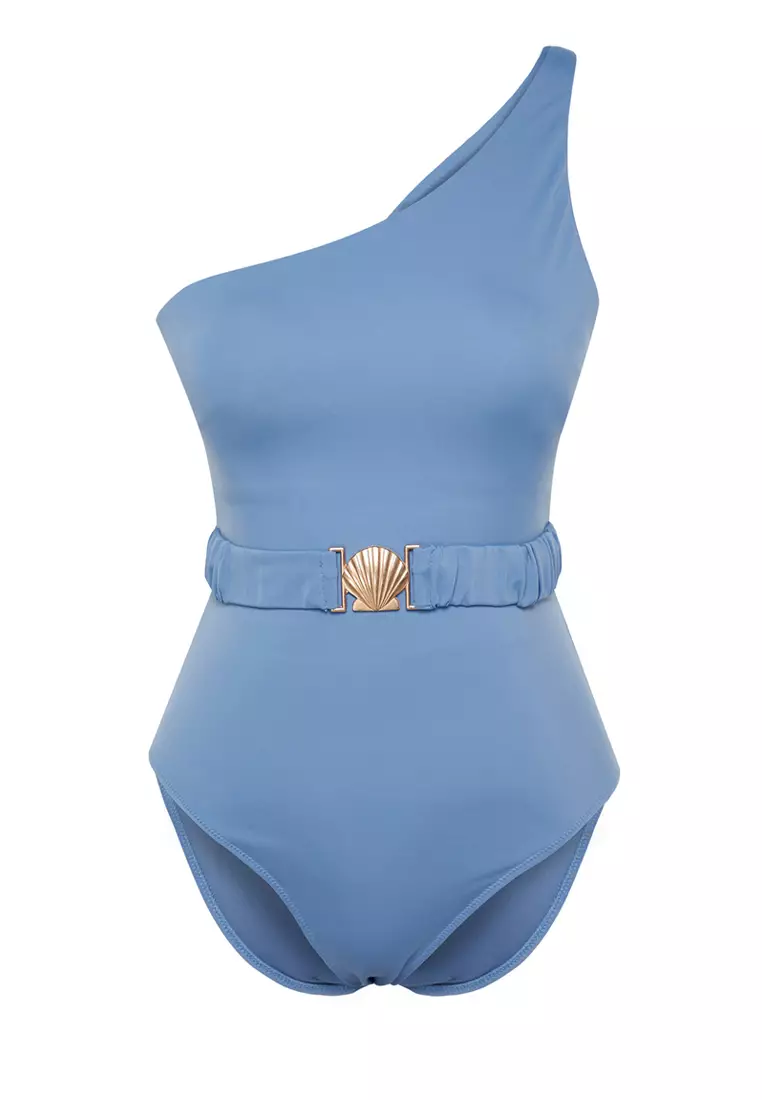 Trendyol Blue Belted One Shoulder Regular Swimsuit with Premium ...