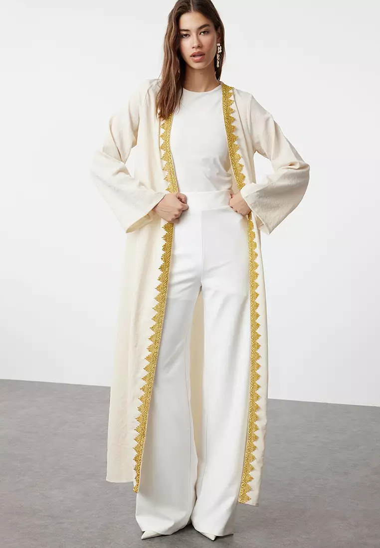 Jual Trendyol Light Beige Gold Embroidered Detailed Woven Cap & Abaya ...