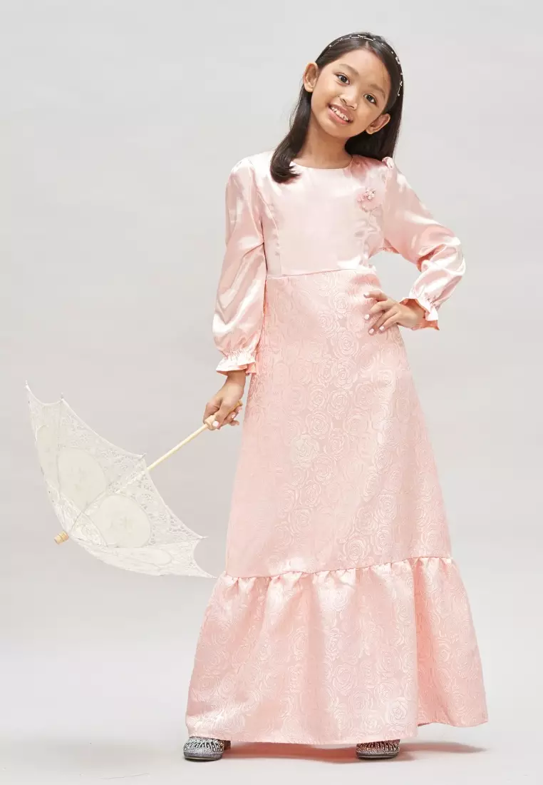 Buy Loveaisyah Girl Pink Rose Jacquard Dress with free Flower Brooch ...