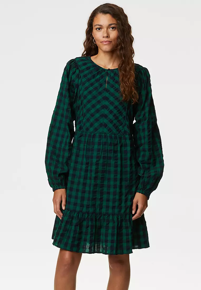 Jual Marks & Spencer Pure Cotton Checked Knee Length Tiered Dress ...