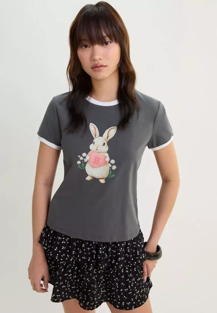 Buy Pomelo Bunny Graphic Contrast Trim Tee - Grey 2026 Online | ZALORA