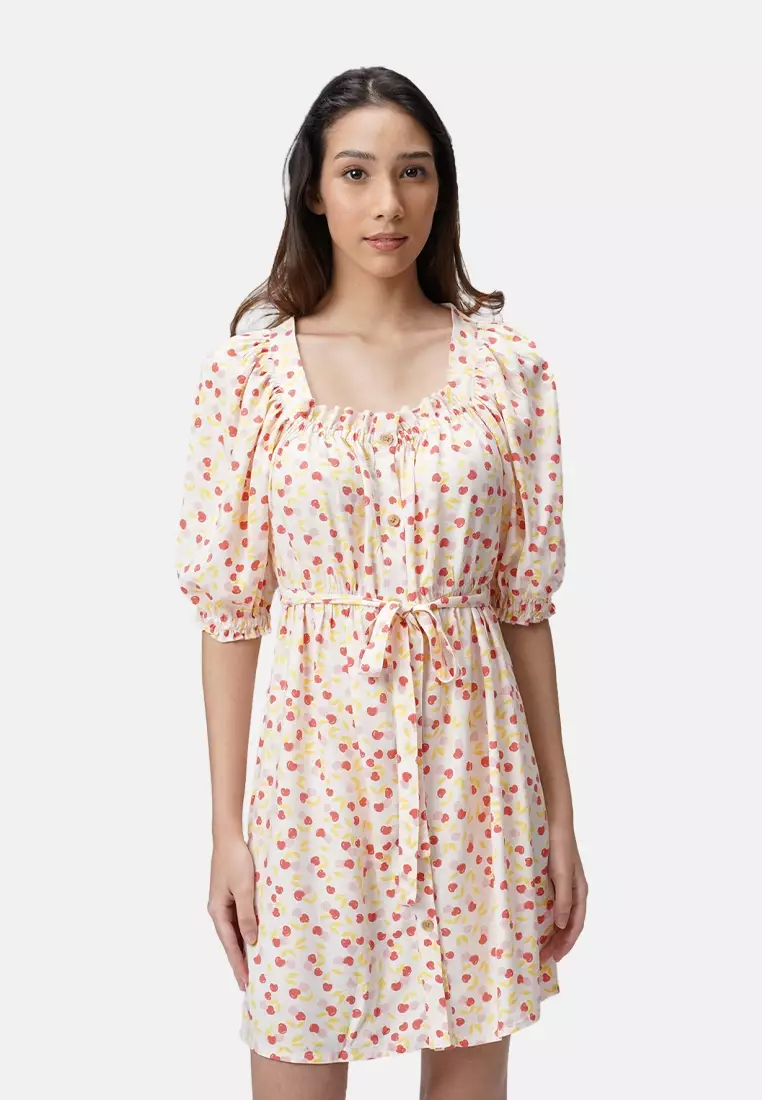 Buy JUST G Cherry Print Button Front Short Dress with Sash 2026 Online ...