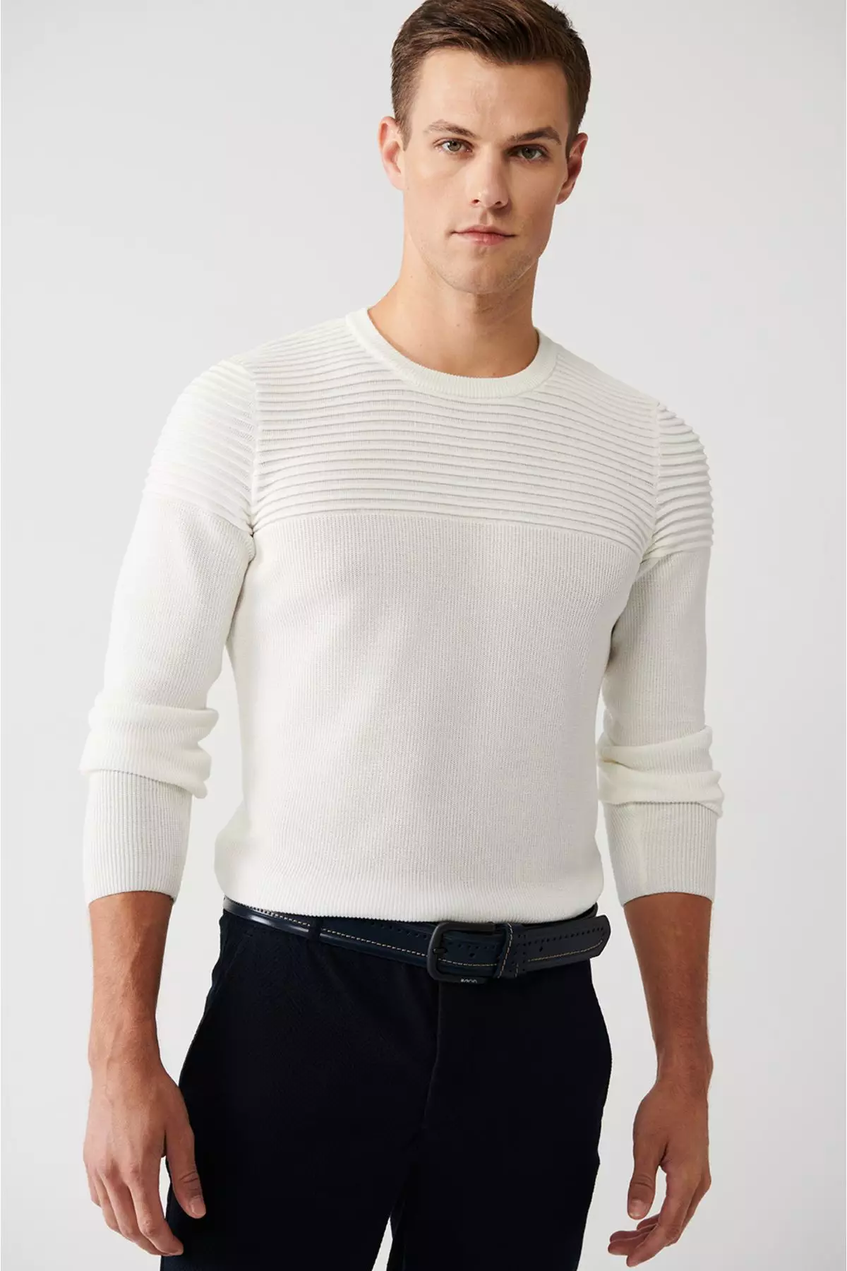 Buy Avva Men's Ecru Crew Neck Textured Viscose Knitwear Sweater ...