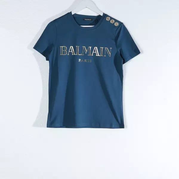 Jual Balmain Kaos BALMAIN FLOCKED TEXT OUTLINE GOLD DARK BLUE TSHIRT ...