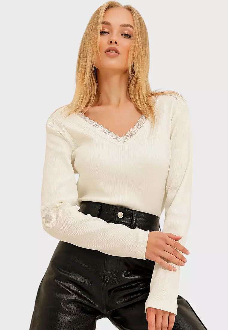 Buy Alacati Women's Ecru Back Front V-Neck Lace Detailed Blouse Online ...