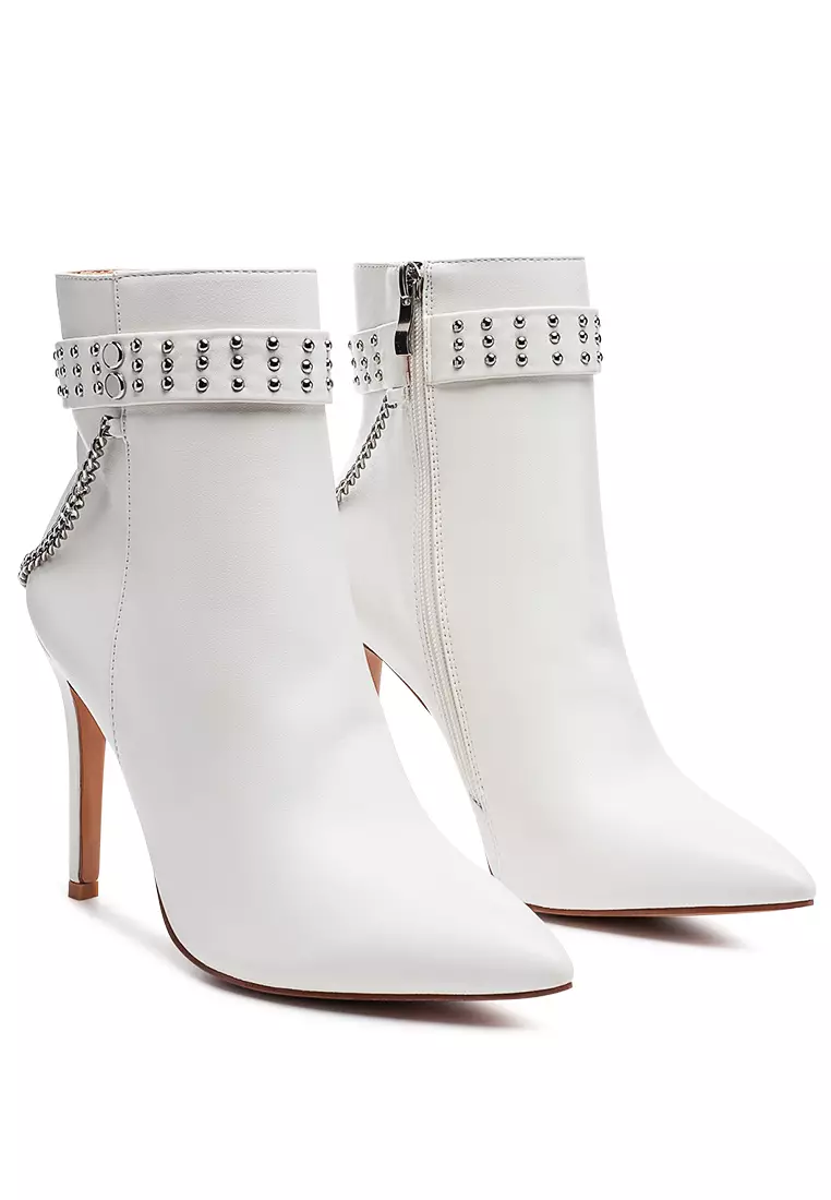 Buy London Rag Faux Leather Stud Strap Detail Stiletto Boot in White ...