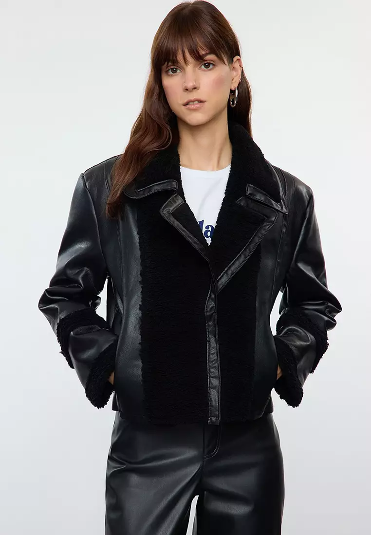 Buy Trendyol Black Regular Fit Plush Detailed Faux Leather Biker Jacket ...