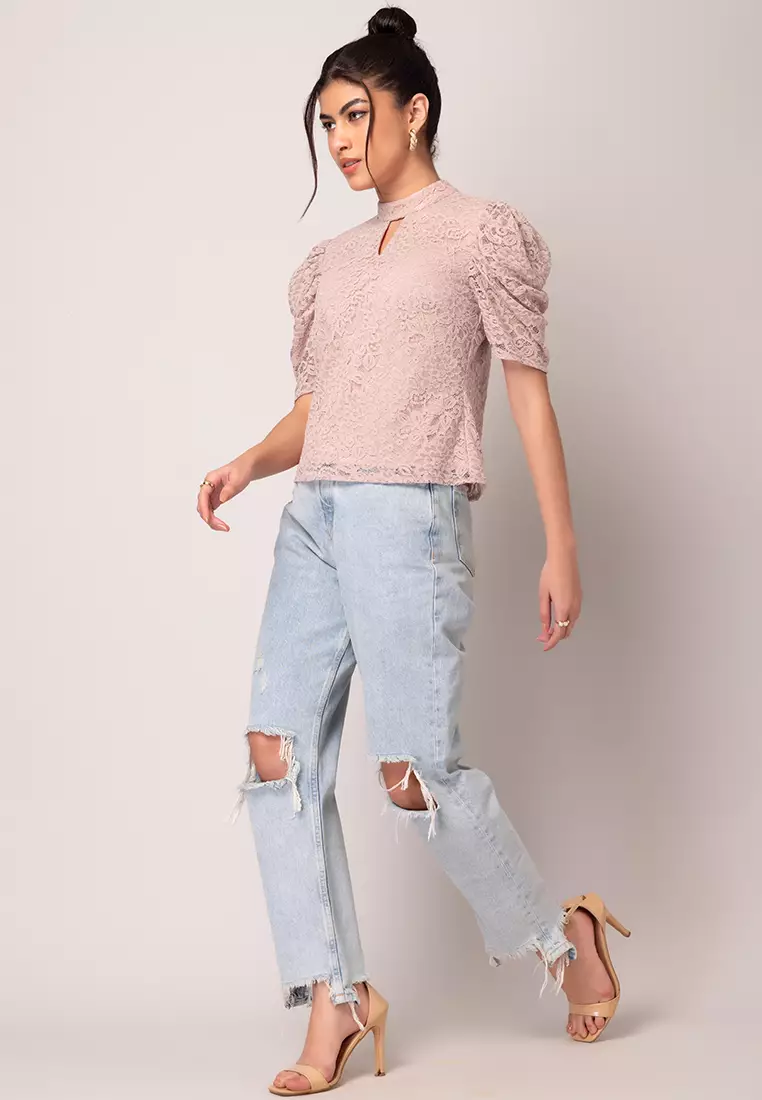 Buy Faballey Light Pink Keyhole Neck Lace Top 2025 Online Zalora