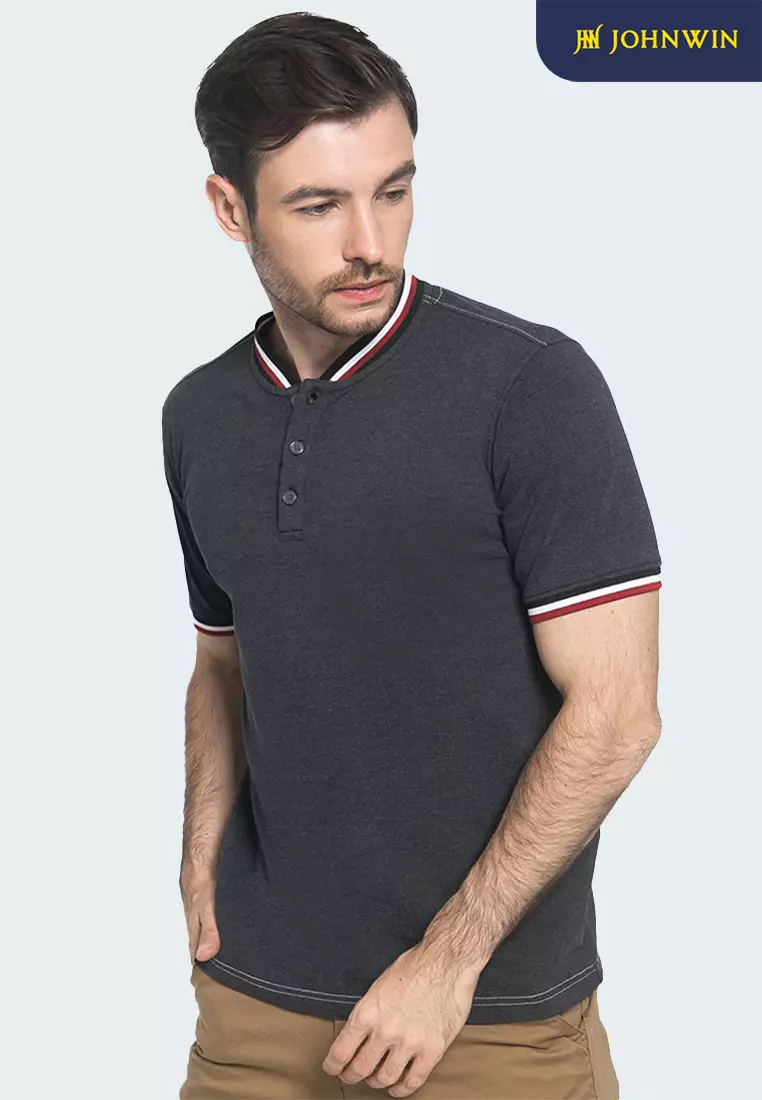 Jual Johnwin Johnwin - Kaos Casual - Kaos Lengan Pendek - Kerah Shanghai - Hitam - Free Keychain ...