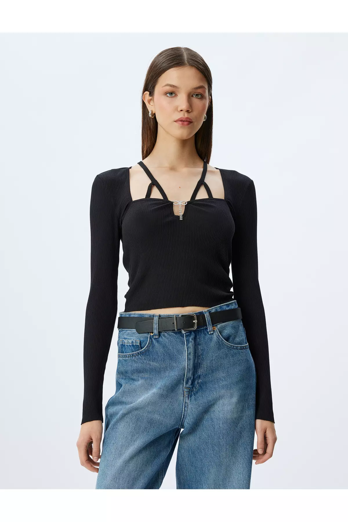 Buy KOTON Long Sleeve Window Detailed Bow Accessory Ribbed T-Shirt 2026 ...