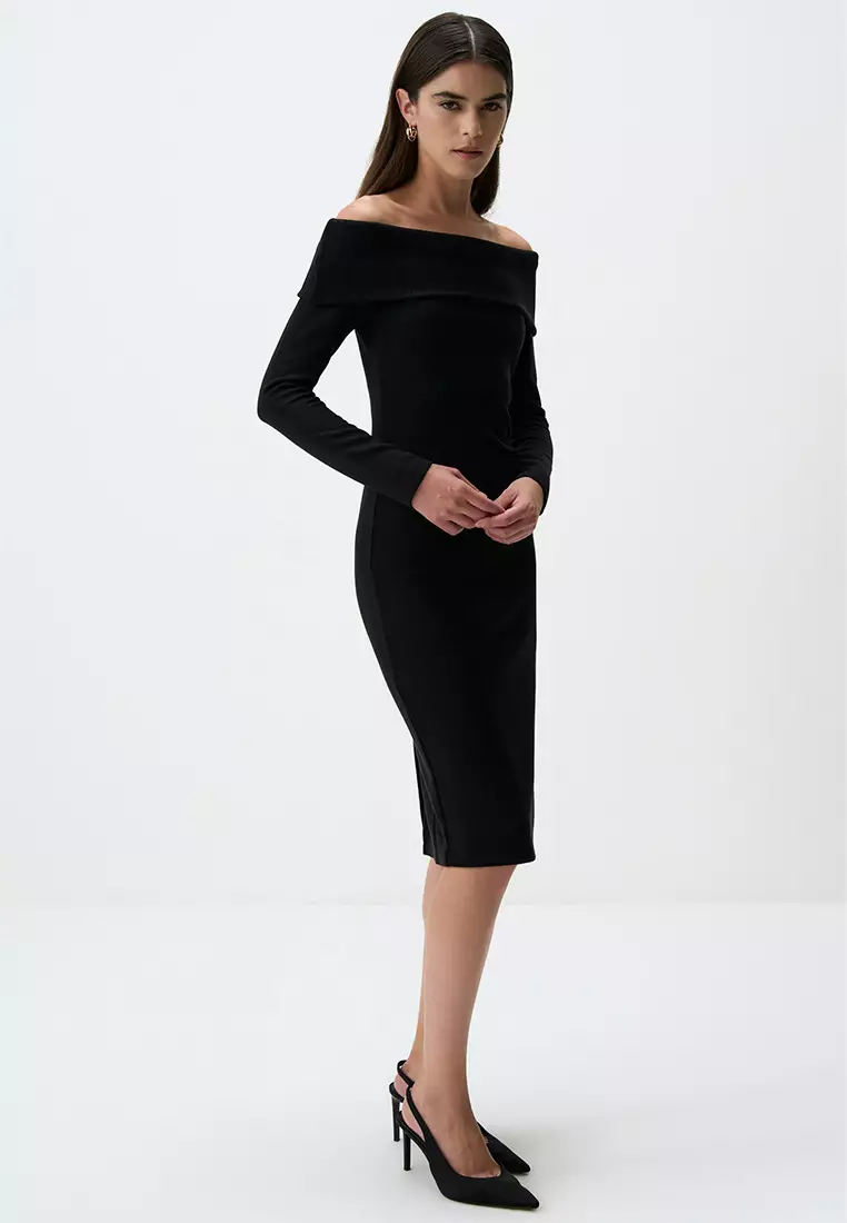 Buy Jimmy Key Jimmy Key Black Off The Shoulder Long Sleeve Knitted Midi ...