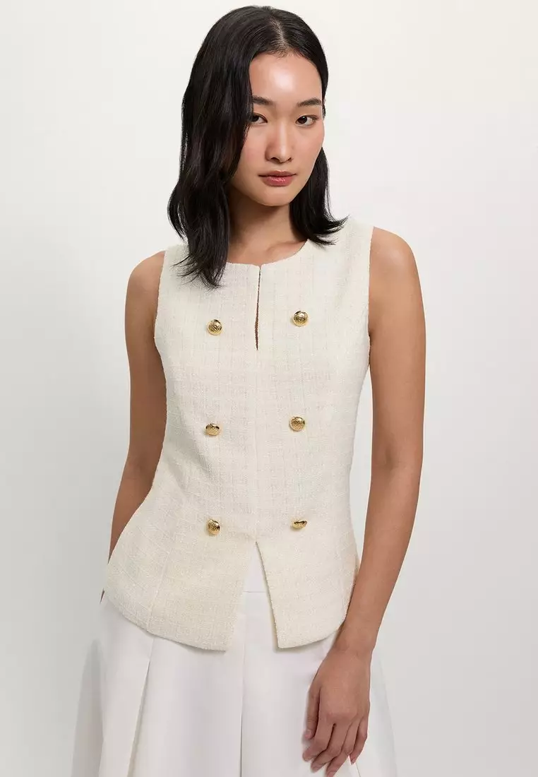 Pomelo Tweed Front Slit Vest - Ivory 2025 | Buy Pomelo Online | ZALORA ...