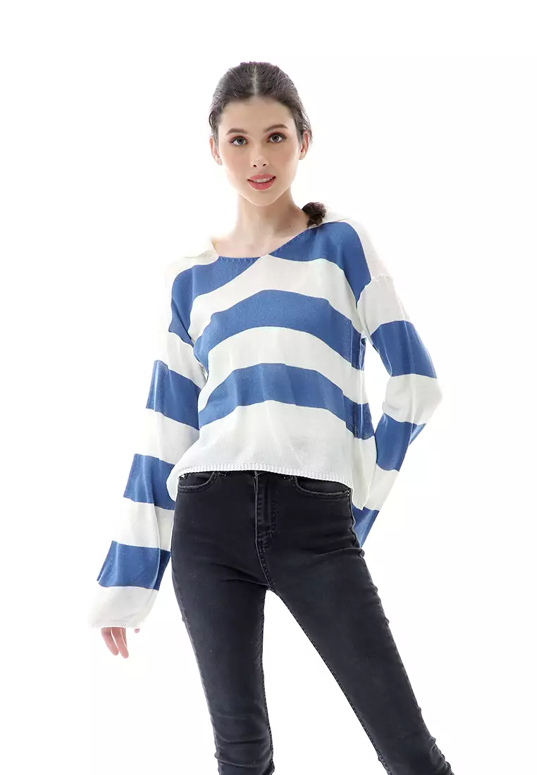 Jual Evernoon Vilia Rajut Crop Atasan Wanita Oversize Motif Stripe Garis Relaxed Fit - Denim ...