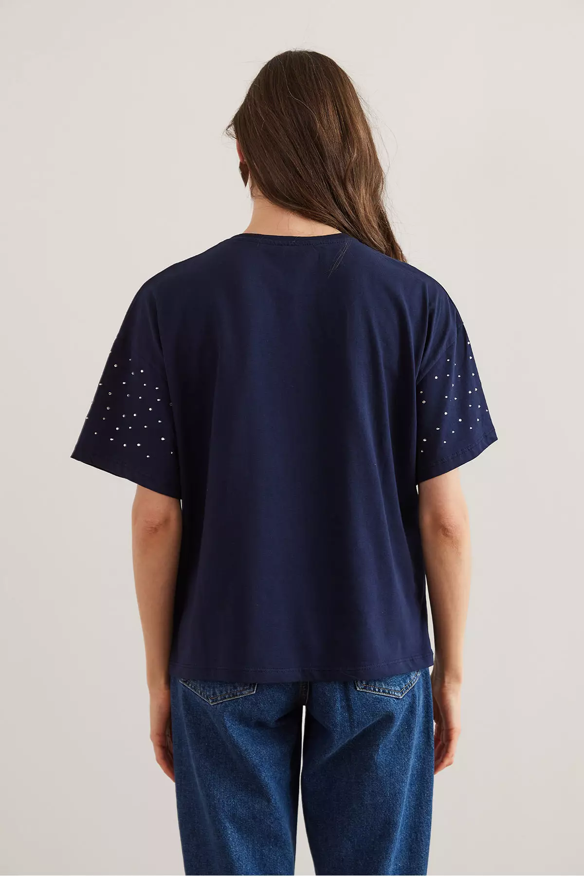 Buy Olalook Women's Navy Blue Print Stone Detailed Regular Fit T-Shirt ...