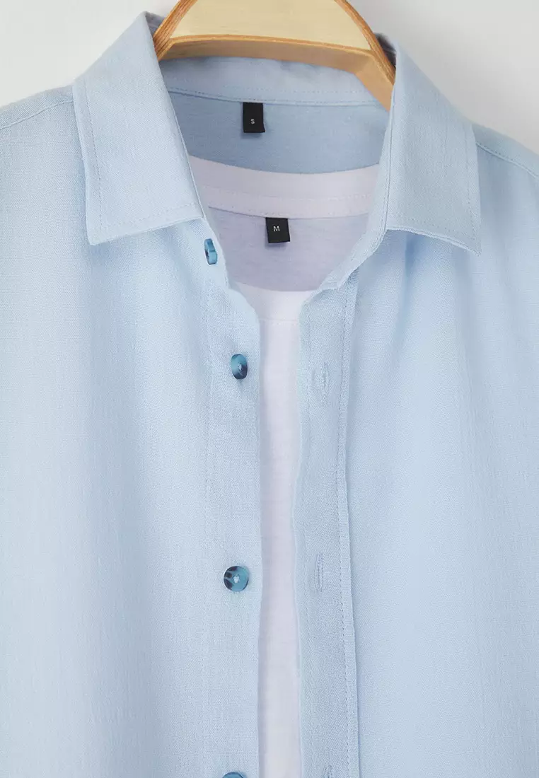 Buy Trendyol Light Blue Regular Fit Epaulette Wrinkled Effect Linen ...