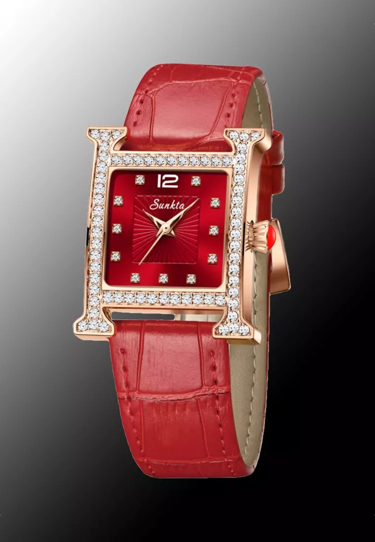 Buy LIGE SUNKTA Ladies Quartz Watch, 36x31mm, Paved with Crystals, Red ...