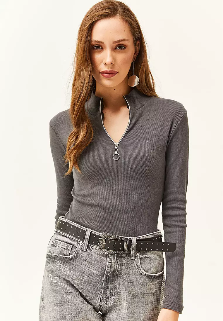 Buy Olalook Anthracite Zippered Turtleneck Lycra Blouse Online Zalora