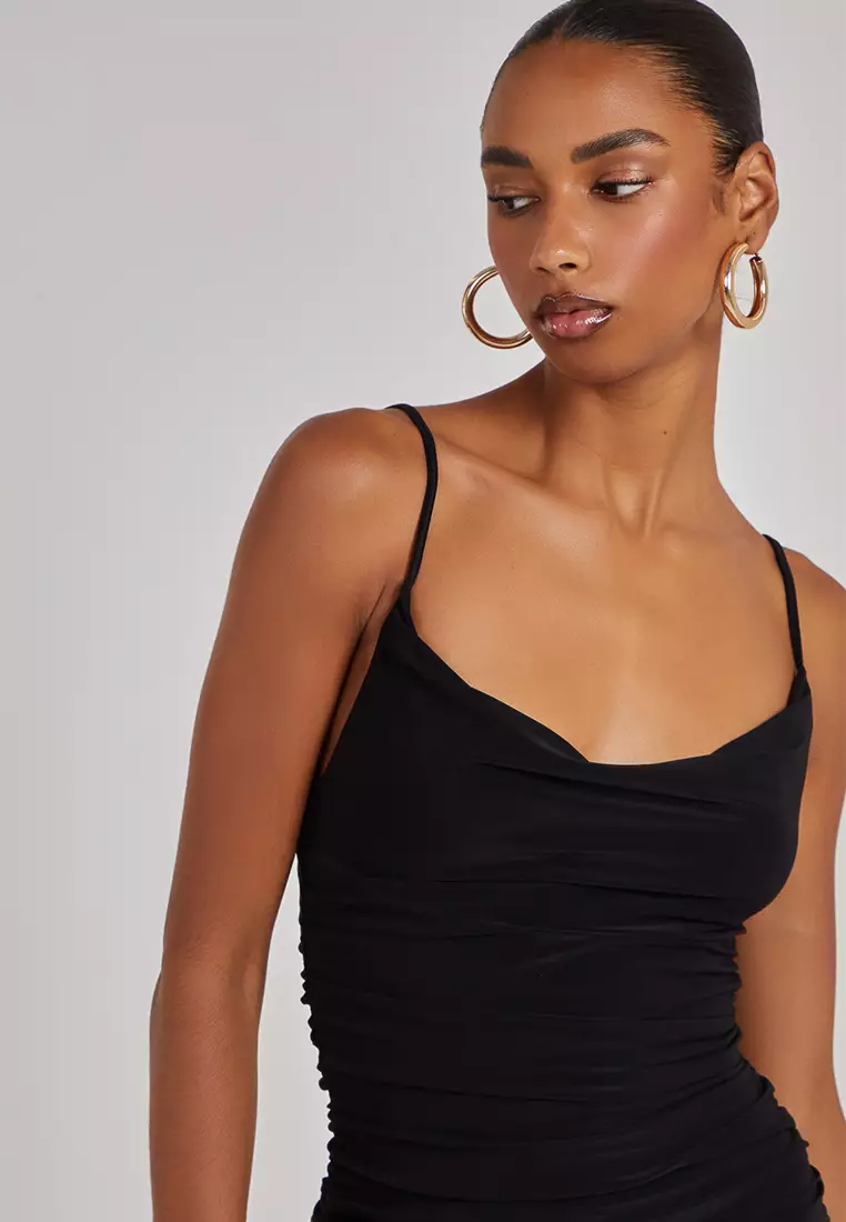 Buy Pink Vanilla Pink Vanilla Black Cowl Neck Gathered Midi Dress Online Zalora Malaysia