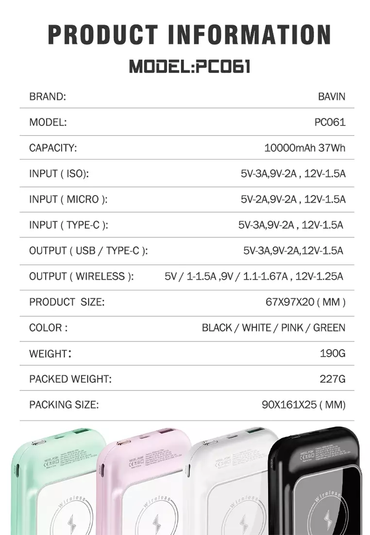 Buy BAVIN PC061 22.5W Fast Charging 10000mAh Powerbank with 15W ...