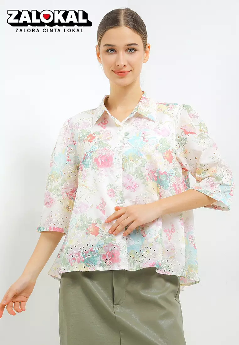 Jual Chic Simple Flo Print Eyelet Hi Lo Shirt Original 2025 | ZALORA Indonesia