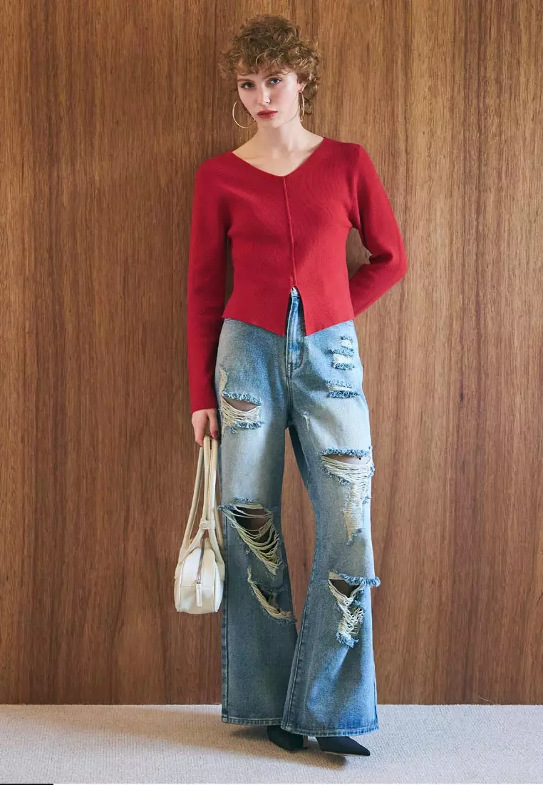 Buy comcoca Front Slit Long Sleeve Knit Top（Regular Fit） 2025 Online ...