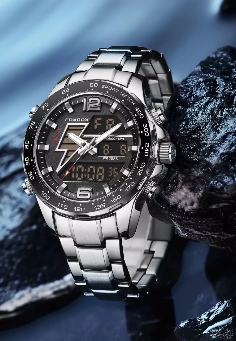 網上選購 LIGE FOXBOX 中性 不鏽鋼潛水員模擬/數位石英錶，黑色錶盤，不鏽鋼錶帶，30 公尺防水 2025 系列 | ZALORA香港