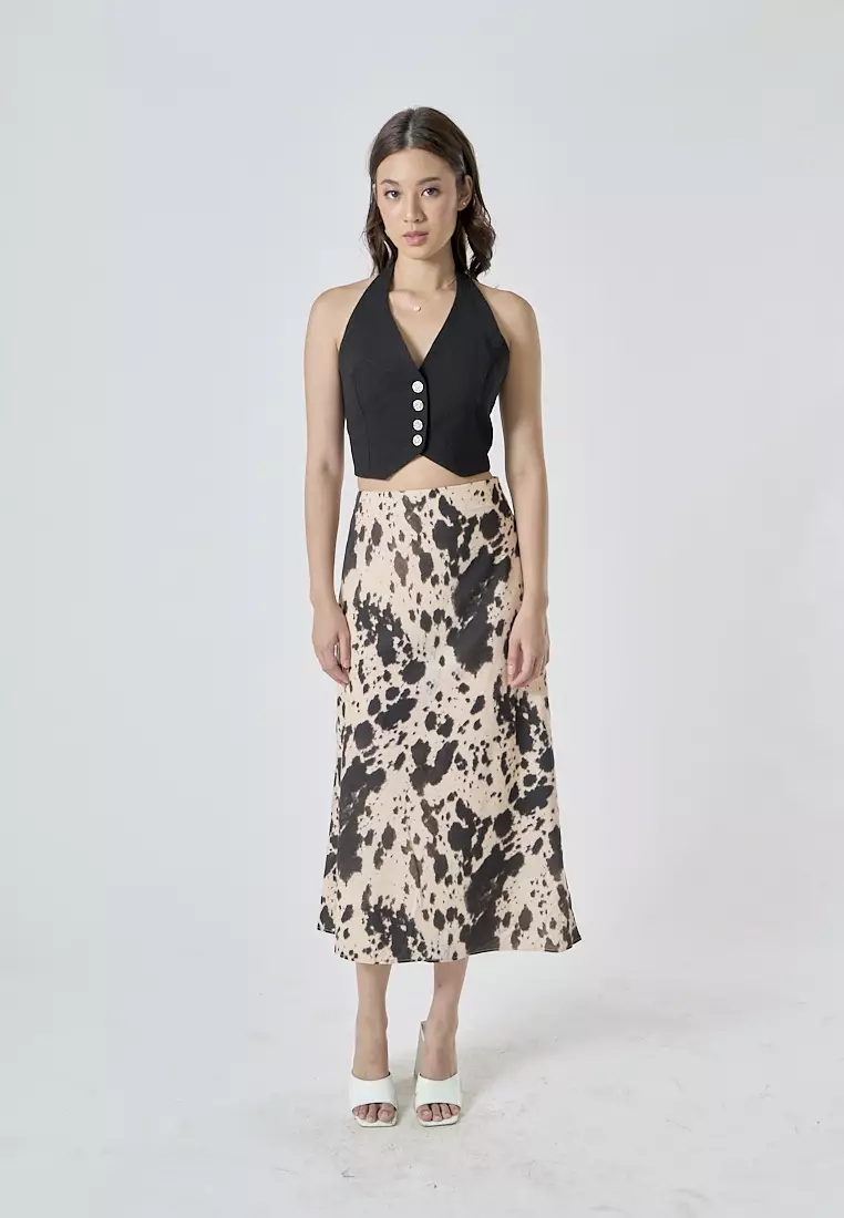 Buy Love, Ara Hyena Black Beige Abstract Print Zipper Fly A-Line Midi ...