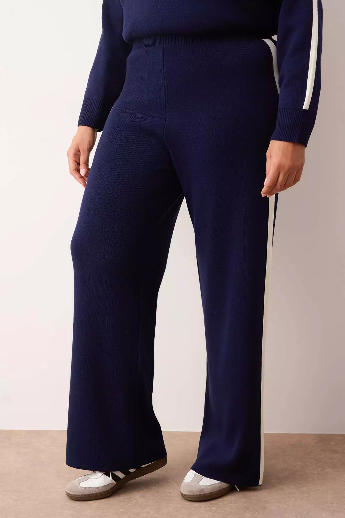 Buy Trendyol Navy Blue Stripe Detailed Turn-Down Collar Knitwear Bottom ...