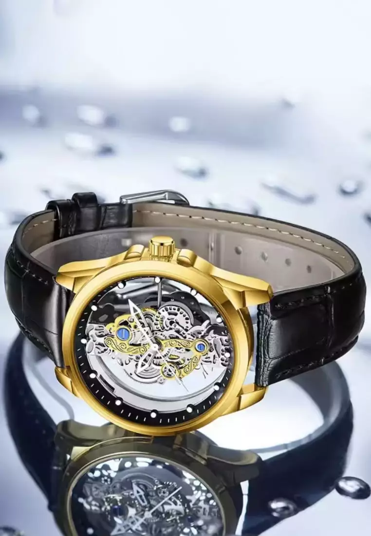 Buy EGLANTINE Round Skeleton Alloy Quartz Watch on Black Leather strap ...