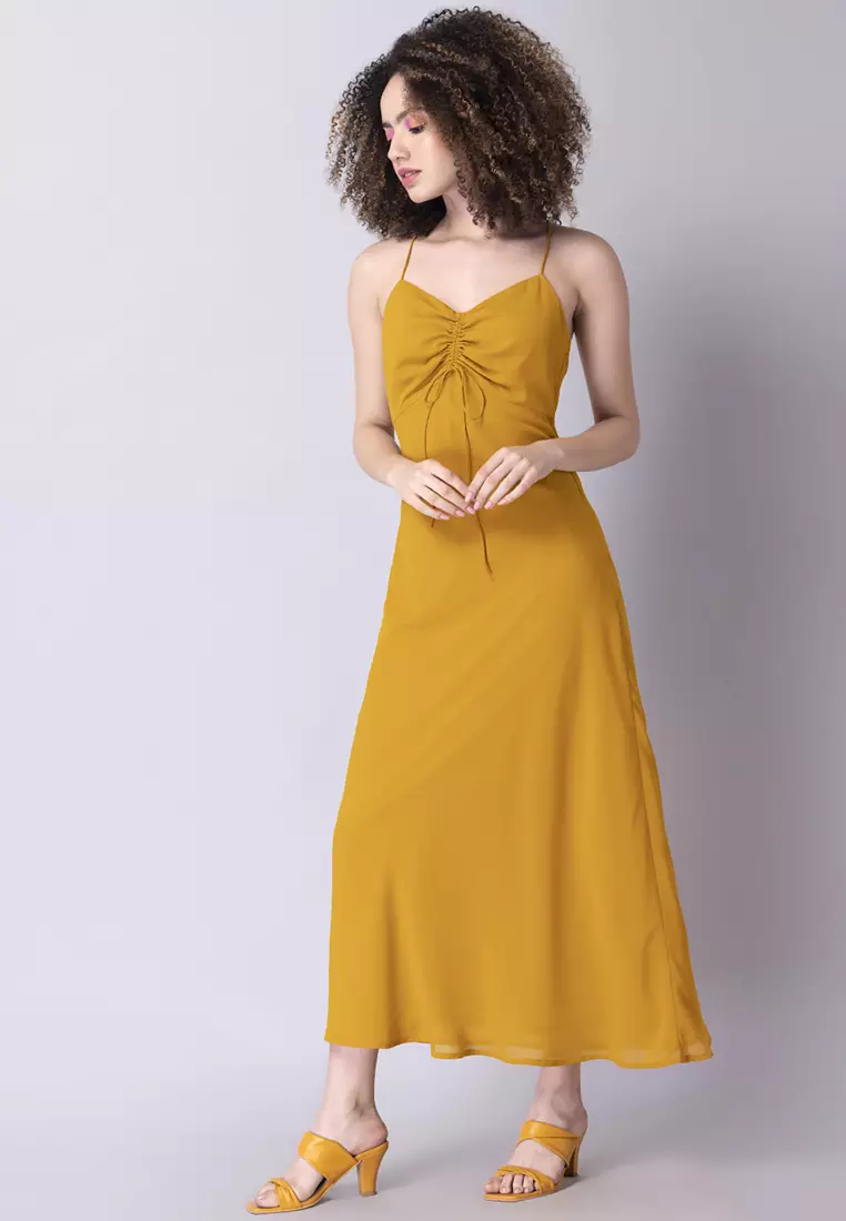 Buy FabAlley Yellow Noodle Strap Ruched Maxi Dress 2025 Online | ZALORA