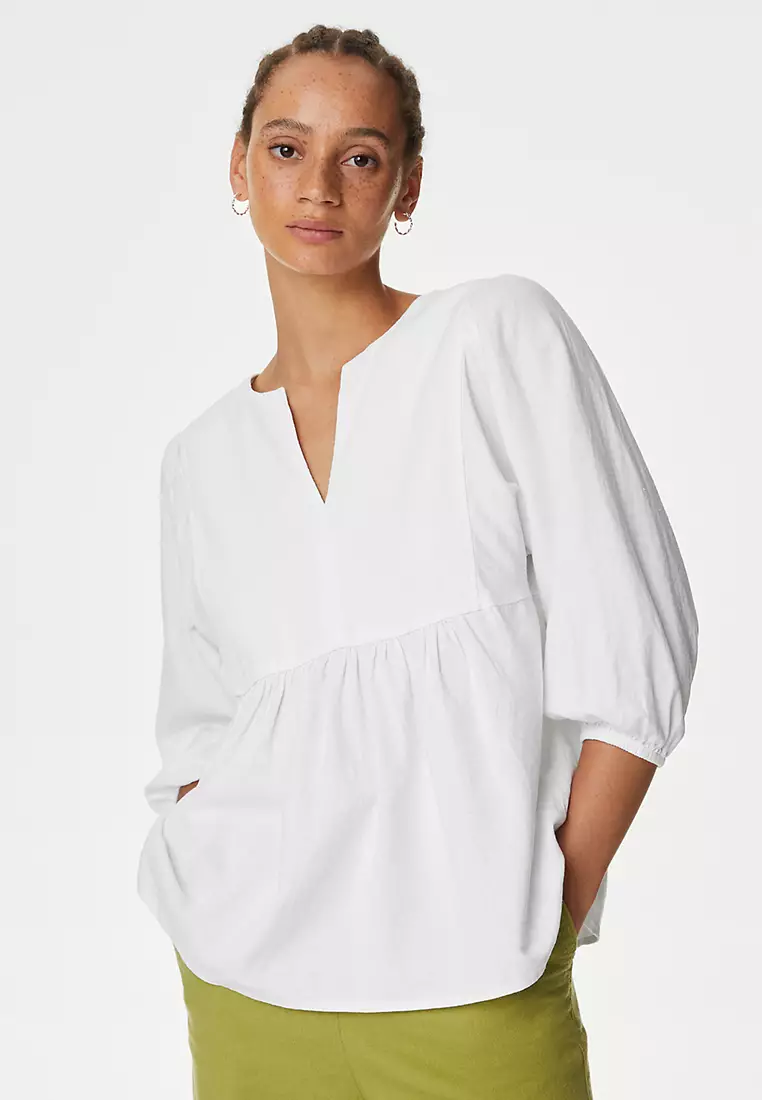 Jual Marks & Spencer Linen Rich V-Neck Puff Sleeve Blouse Original 2024 | ZALORA Indonesia