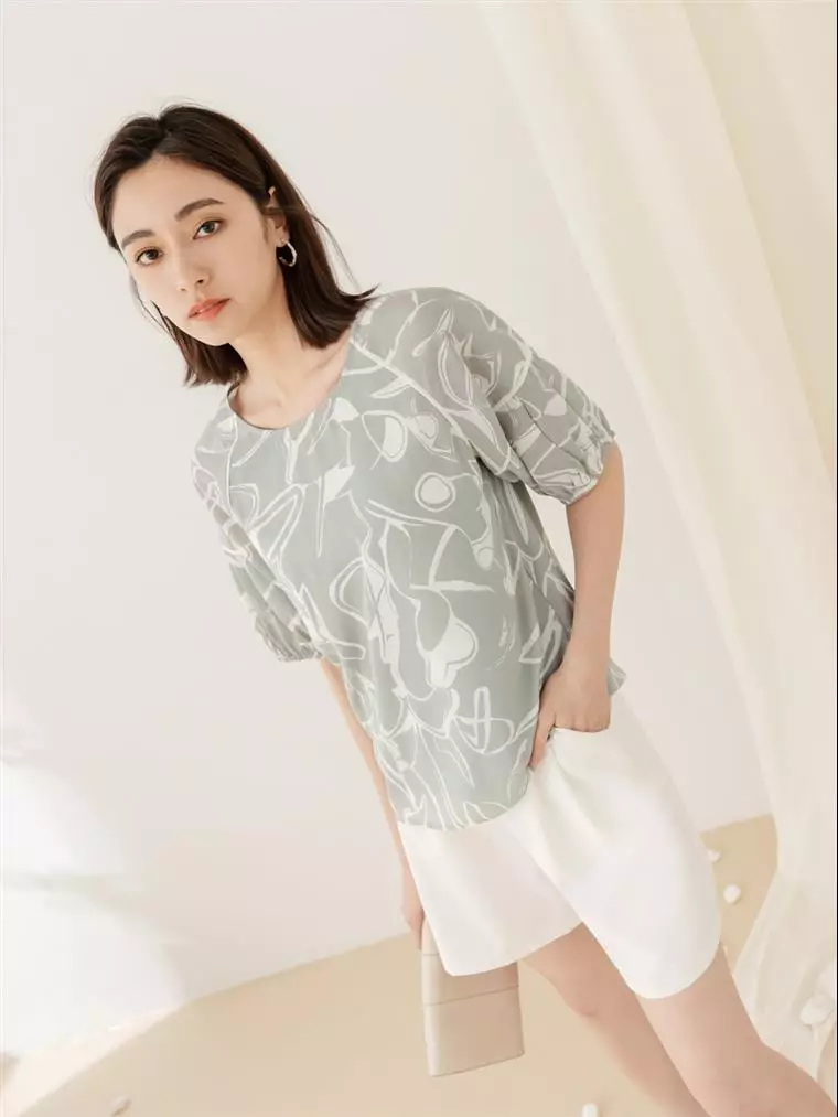 Buy OBSTYLE Textured Print Round Neck Drop Sleeve Top [AB18665] 2026 ...