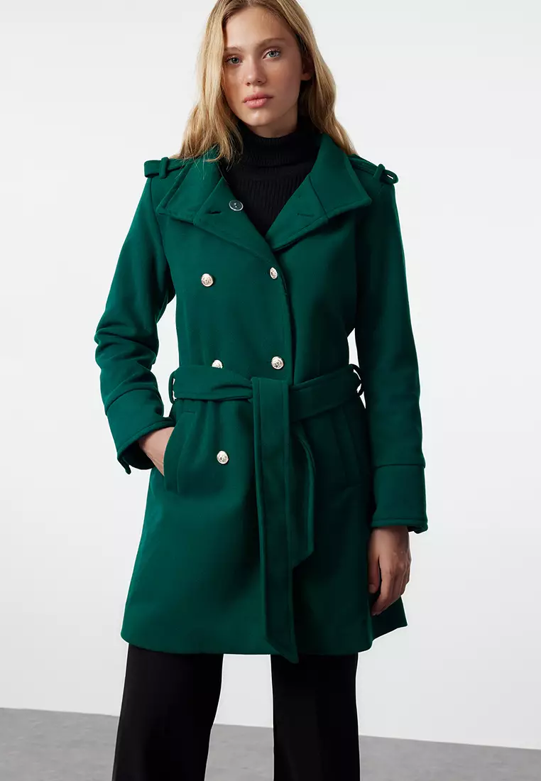 Buy Trendyol Dark Green Belted Gold Button Detailed Soft Textured ...