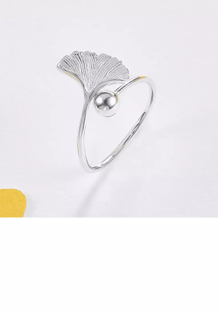 Jual Glamorousky 925 Sterling Silver Simple Elegant Fashion Ginkgo Leaf Adjustable Opening Ring ...
