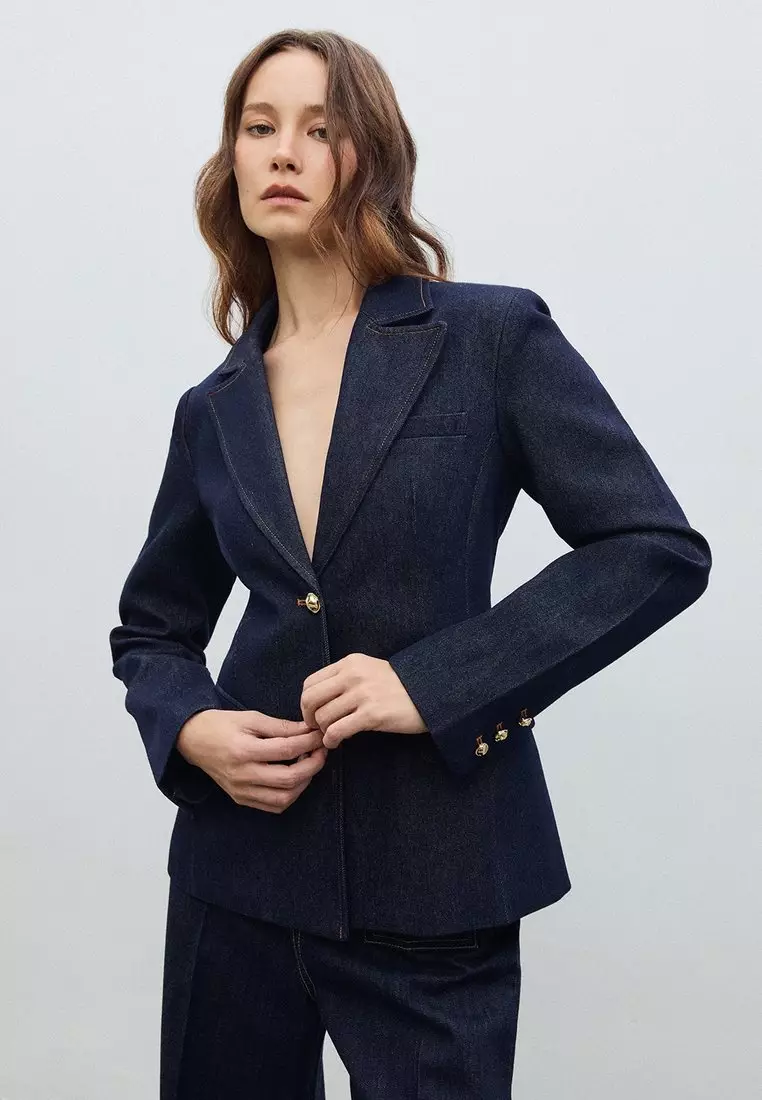 Buy Pomelo Buttoned Blazer - Indigo 2026 Online | ZALORA