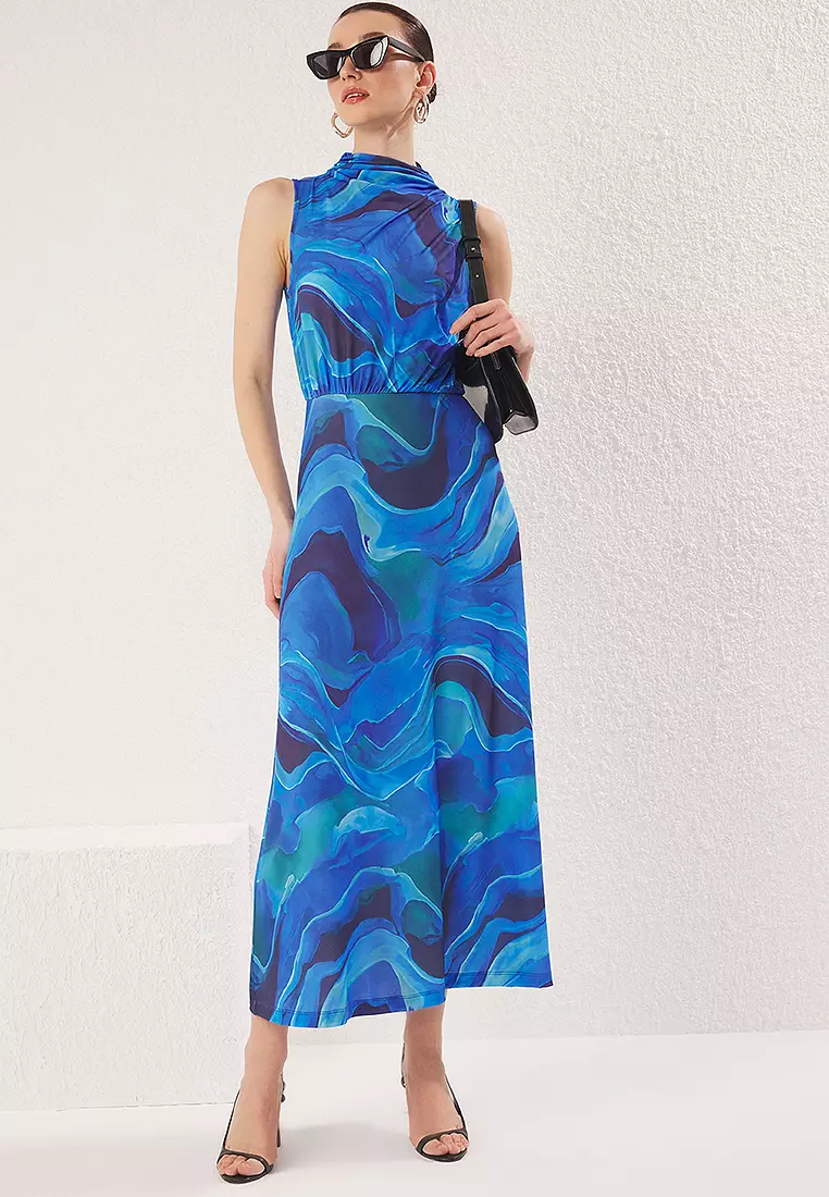 Buy Trendyol Blue Abstract Printed Stand Collar Draped Waist Opening ...
