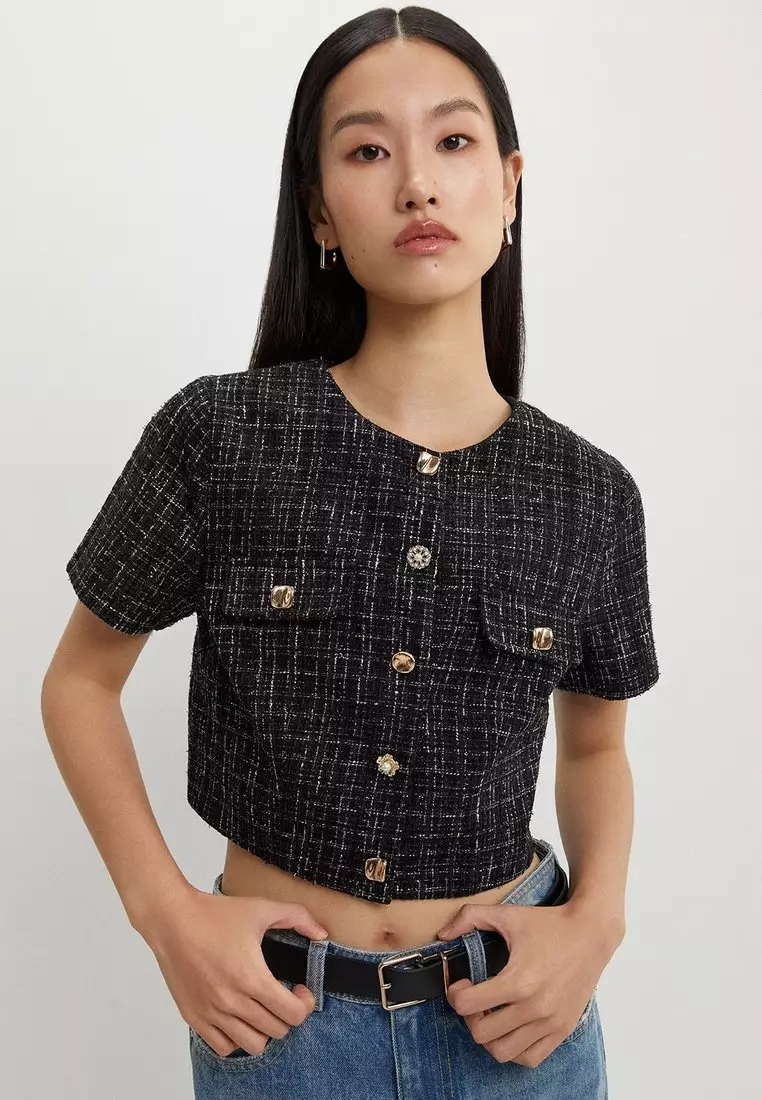 Buy Pomelo Tweed Crop Top - Black 2025 Online | ZALORA