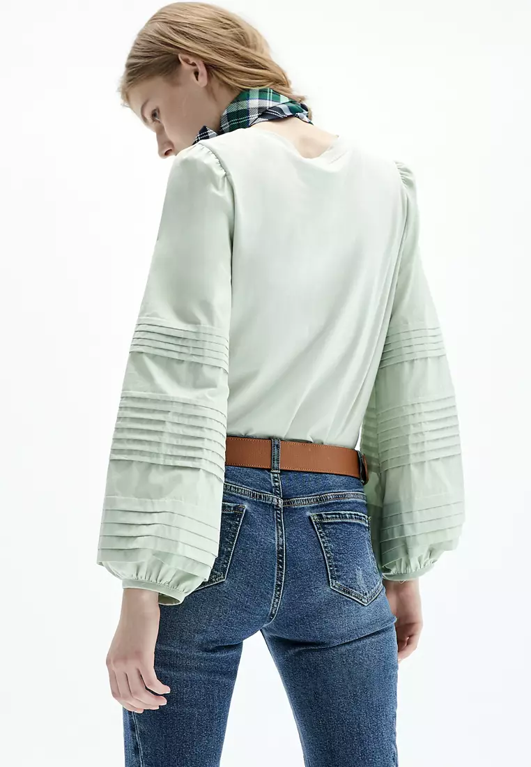 Buy iROO Light Green Top With Pleated Sleeve Detail 2026 Online | ZALORA