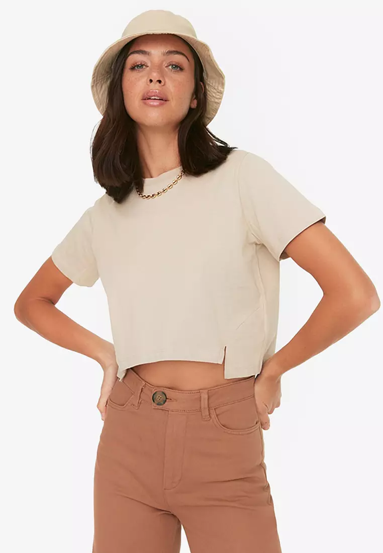 Buy Trendyol Slits Hem Knitted Crop T-Shirt Online | ZALORA Malaysia