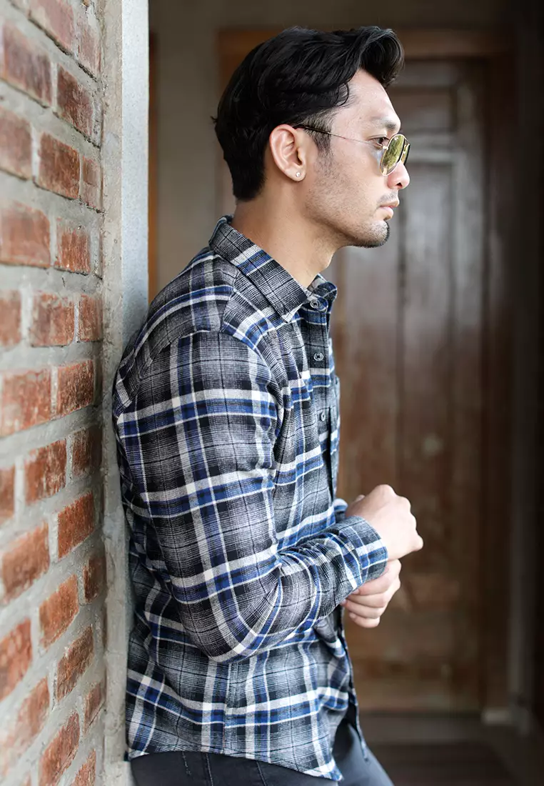 Jual Oxcon OXCON Extra Comfort Authentic Flannel Shirt Black Blue ...